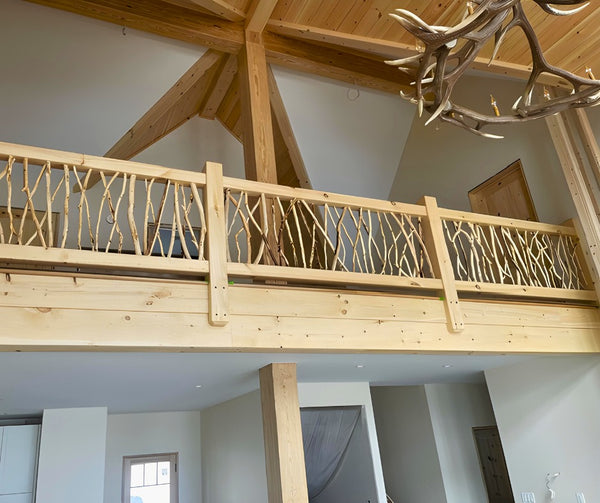 White Pine Timber Frame Railing with Rebar Spindles - Homestead Timbers