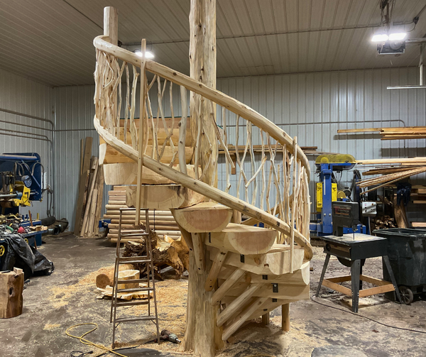 Pine Log Spiral Staircase